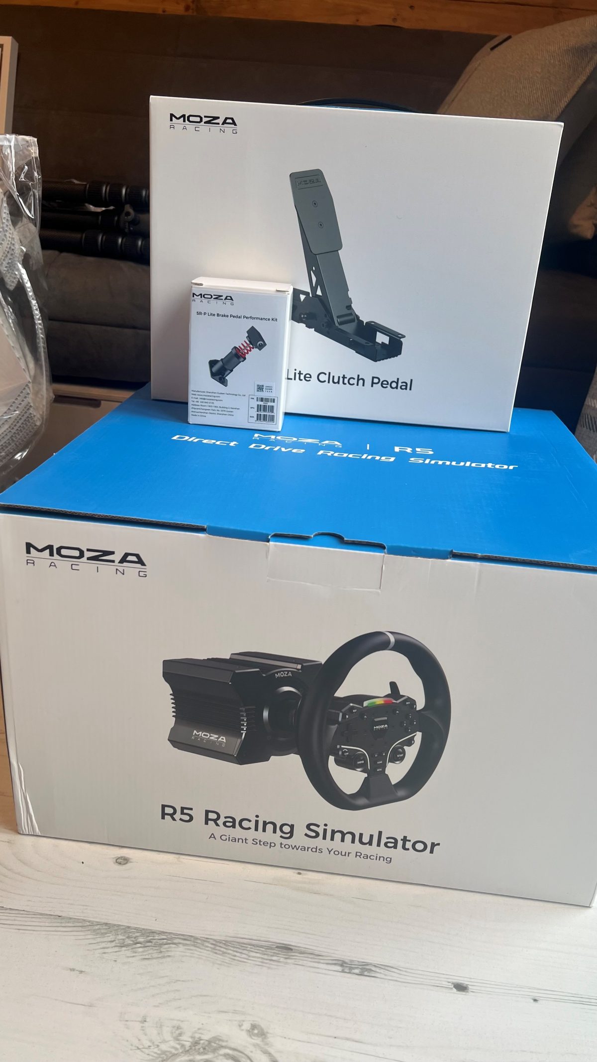 Moza R5 wheel, base and peddles + clutch and brake performance kit bundle